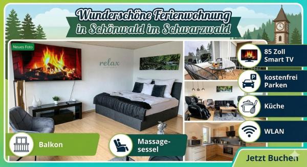 Relaxapartment Massagesessel, Küche, Balkon, Natur - Schonach im Schwarzwald