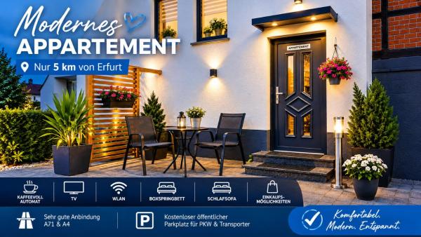 Modernes Appartement Nur 5 Km Von Erfurt, Stilvoll Komfortabel Und Perfekt Angebunden, Kaffeevollautomat, Tv, Wlan, Schlafsofa Und Einkaufsmöglichkeiten In Der Nähe, Hervorragende Anbindung Zur A4 Und A71, Kostenlose öFf Parkplätze Für Pkw Und Transporter - Erfurt